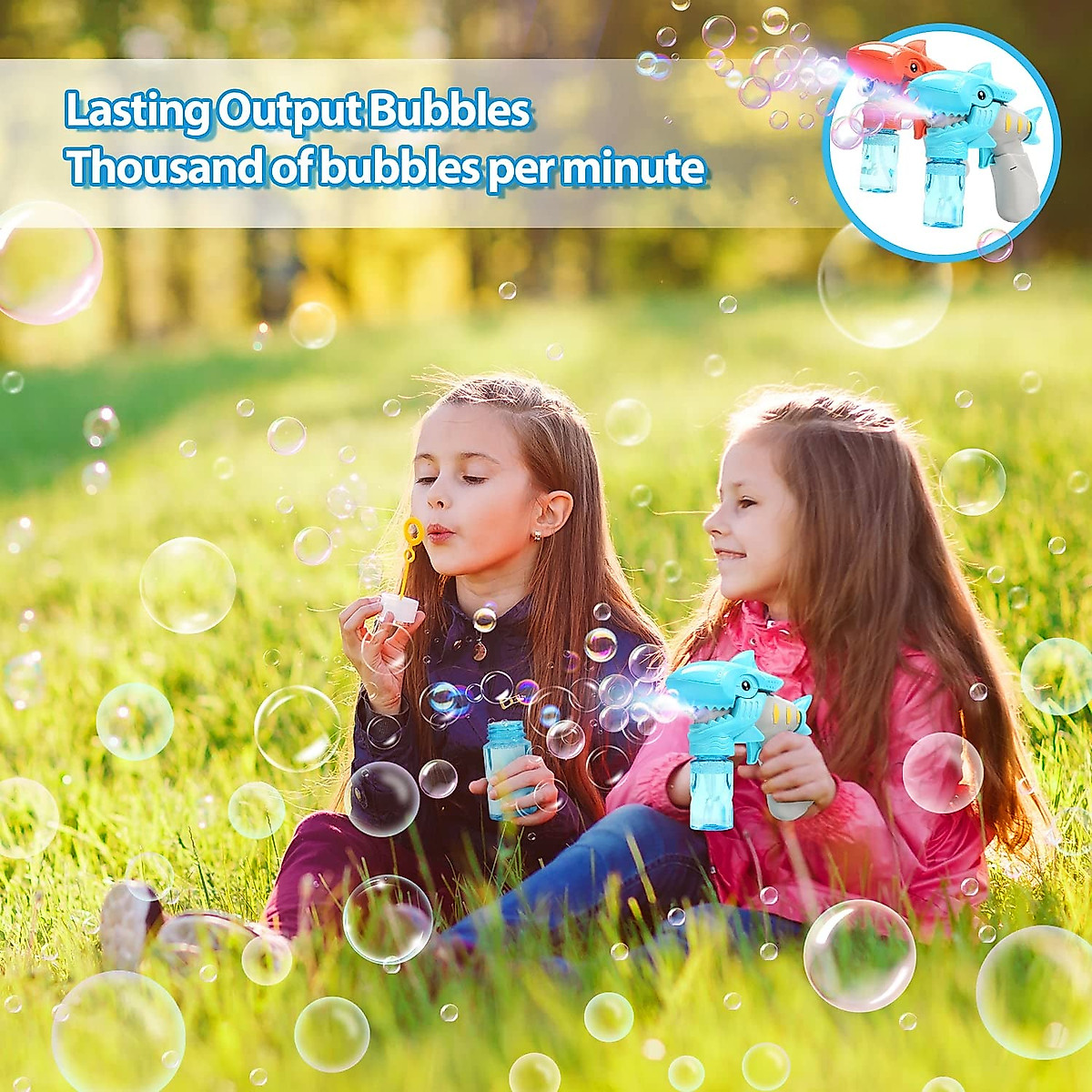2 Bubble Gun for Kids,Light-Up and Musical Automatic Shark Bubble Blower Toys with 4 Bubble Solution,Fun Summer Outdoor Party Gift for 4 5 6 7 8+ Years Old Toddlers Boys Girls Bubble Maker Machine