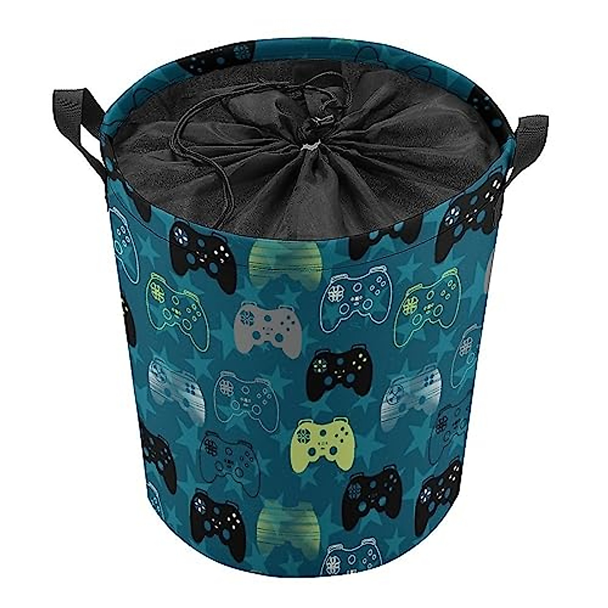 LynaRei Colorful Joystick Gamepad Laundry Basket with Handle, Gaming Cool Print Drawstring Round Collapsible Storage Bin, Dirty Clothes Hamper for Bedroom Bathroom
