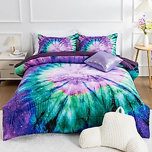 A Nice Night 6Pcs Bed in a Bag Bedding Set Tie Dye Galaxy Children Comforter Set, Psychedelic Swirl Pattern Colorful Boho, BoysGirls Quilt Sets,Purple,Full