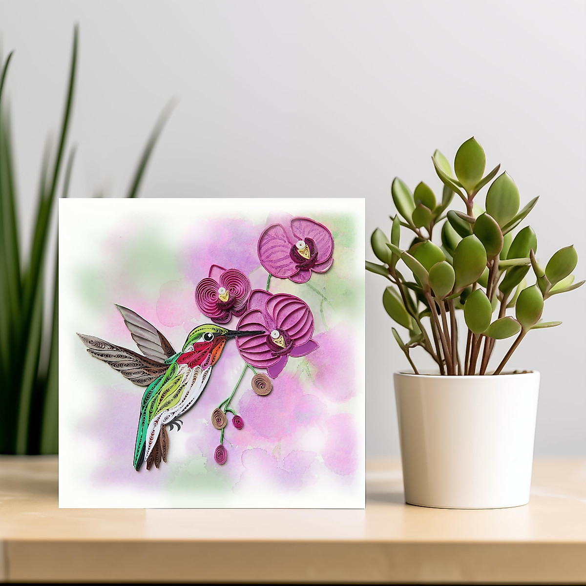 QUILLCRAFT Hummingbirds and Purple Orchid Quilling Card, Card, Quilled Quilling Card for Mothers Day, Birthday, Thank You, Artful Card for Him Her, Mom, Dad, Couple (Hummingbirds Orchid)