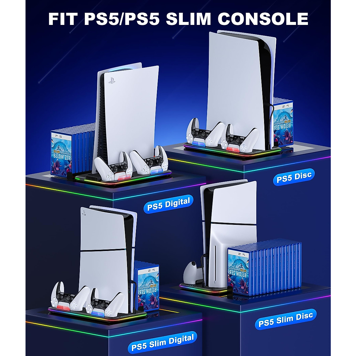 PS5/PS5 Slim Stand and Cooling Station with Controller Charging Station for Playsation 5, PS5 Accessories Kit Incl. 3 Levels Cooling Fan, LED, 15 Game Slot, Headset Holder for PS5 Digital/Disc Console