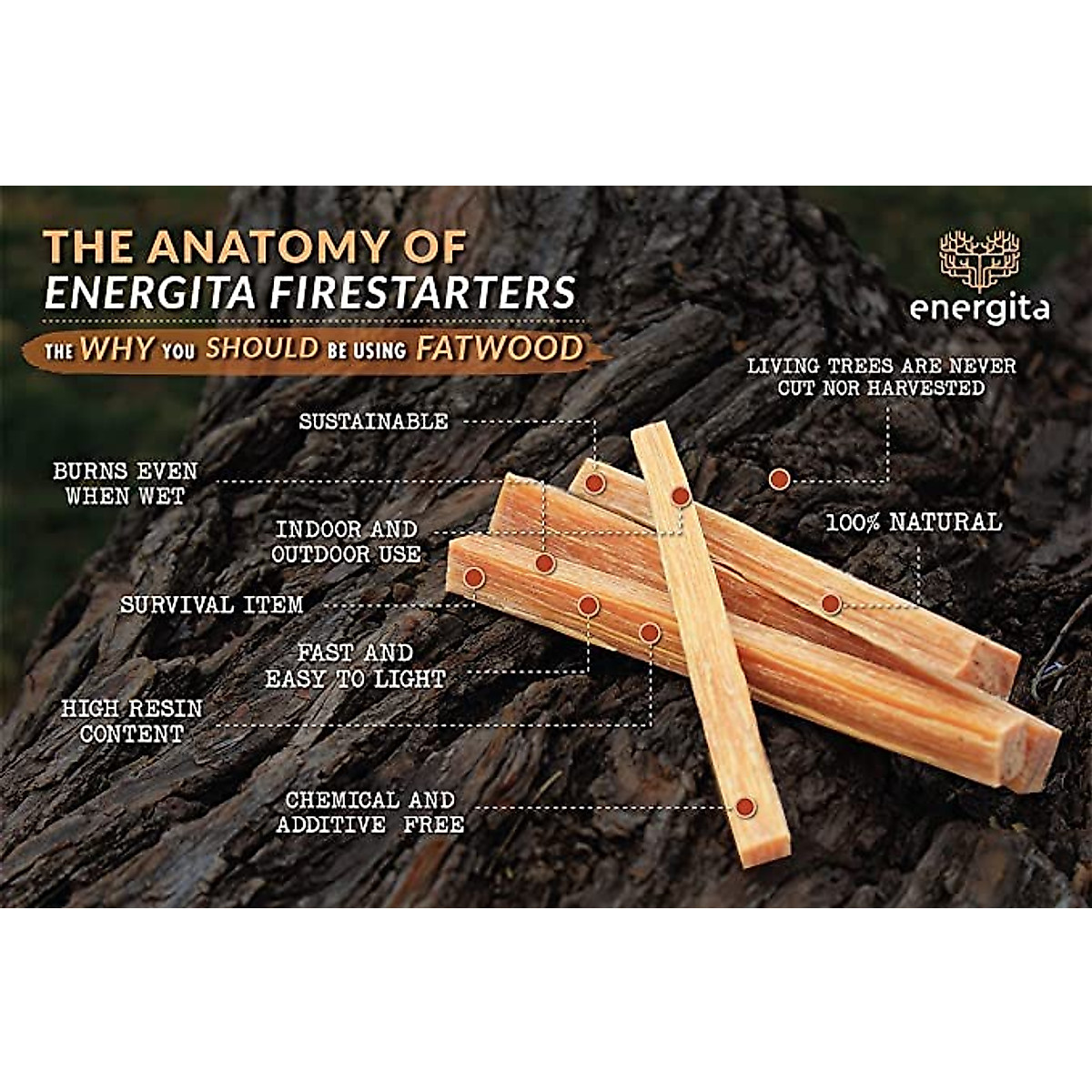 Premium Fatwood Fire Starter Wood Sticks |100% All Natural 500 Sticks | Fire Starters for Fireplace | Weather Proof Fat Wood Kindling Fire Starters | Safe and Easy to use, 40lb Box ENERGITA