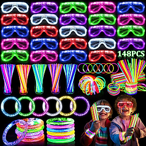 148 PCS New Years Eve Glow in the Dark Party Supplies Light Up Toys with 24 Led Glasses, 24 Flashing Bracelets and 100 Glow Sticks Bulk Party Favors for Kid Adult Birthday Wedding Carnivals Concert