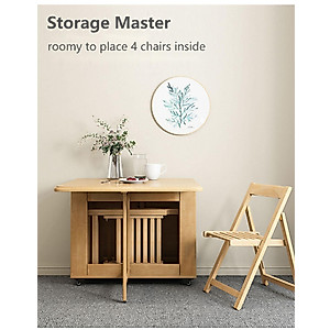 PIAQIA Folding Dining Table, Convertible Drop-Leaf Kitchen Table with Storage, Space Saving Foldable Dinner Table for 4-6, 55" W x 32" D x 29" H, Natural, 1 Table (NO Chairs Included)