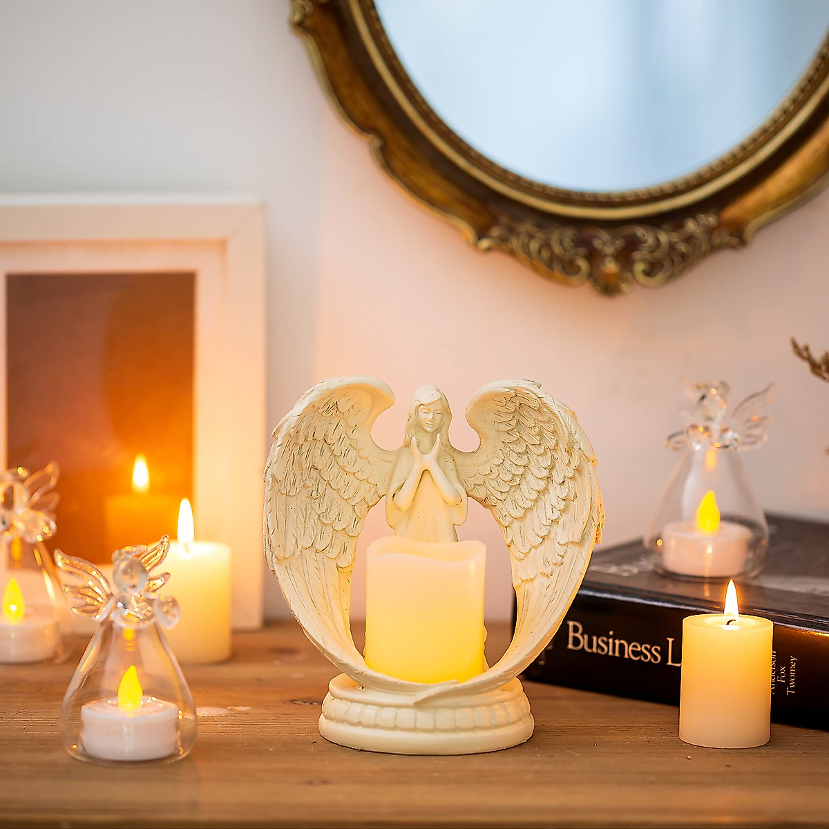 Angel Statue Tea Light Holder - Blessing Angel Figurine Candle Holder for Garden Home Altar Shelf Decor Favors Sympathy Gift Memorial Tribute Remembrance Funeral Decoration