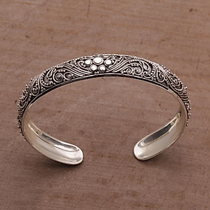 NOVICA Artisan Handmade Sterling Silver Cuff Bracelet Swirl Motif from Bali No Stone Indonesia [6 in L (end to End) x 0.4 in W] ' Shrine Swirls'
