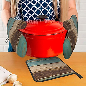 Nautical Vintage Wood Oven Mitts and Pot Holder Set - Retro Blue Ocean Rustic Oil Print Theme Hot Pad Waterproof Heat Resistant Kitchen Microwave Gloves for Cooking BBQ Baking Grilling