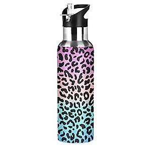 ALAZA Blue Pink Leopard Print Water Bottle Insulated Stainless Steel Travel Mug with Straw 20 Oz Christmas Birthday Gifts