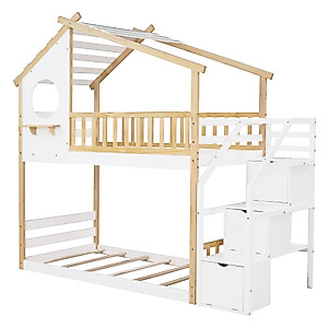 House Bed Bunk Beds with Stairs, Twin Over Twin Bunk Bed with Storage and Guard Rail, Floor Bunk Bed with Roof, Wood Bunk Bed Frame for Kids, Teens, No Box Spring Needed (Natural & White)