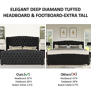 AMERLIFE King Size Platform Bed Frame, Velvet Upholstered Bed with Deep Button Tufted & Nailhead Trim Wingback Headboard/No Box Spring Needed/Black