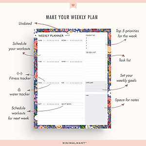 Minimalmart Weekly Planner with 52 Undated 8.5 x 11 Tear-Off Sheets, Floral Weekly Vibrant Calendar, Organizer, Scheduler, Productivity Tracker, Priority Task, Weekly Goal, to-do List