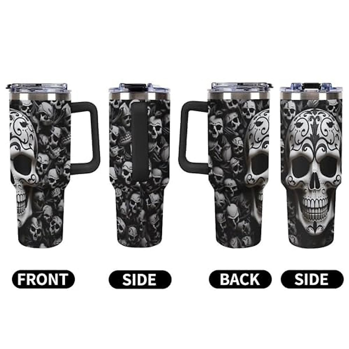 FZQVSGW Black And White Skulls 40 Oz Tumbler with Handle And Straw Stainless Steel Vacuum Insulated Tumblers Reusable Keep Drinks Cold Coffee Cup Holder Friendly Gifts for Women Men Car Gym Travel