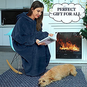 Lengthened Oversized Blanket Hoodie Wearable Blanket Sweatshirt Women - Navy Blue Hoodie Blanket Hooded Blanket Women and Men, Super Warm Blanket Sleeves and Giant Pocket