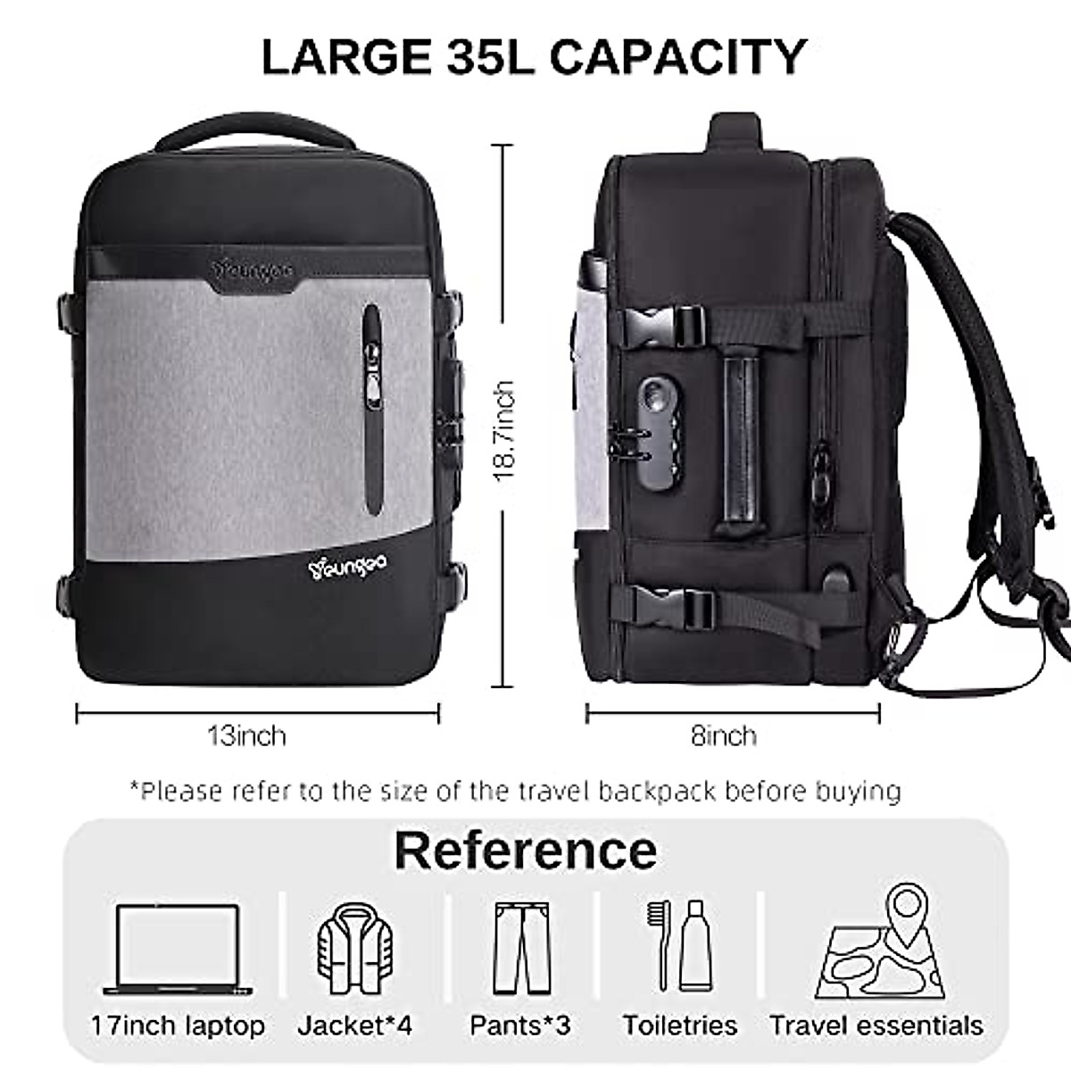 YOUNGOA Travel Backpack for Traveling on Airplane, Airline Approved 18x14x8 Travel Backpack for Men & Women, Carry On Luggage Suitcase Backpack