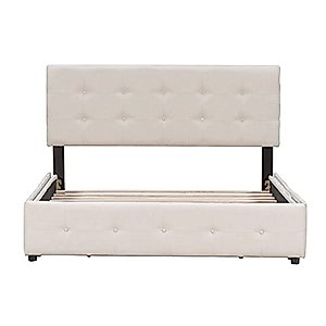 Lostcat Queen Upholstered Bed Frame with 4 Drawers,Linen Fabric Platform Storage Bed with Adjustable Button Tufted Headboard and Solid Wooden Slats Support,No Box Spring Needed,Beige