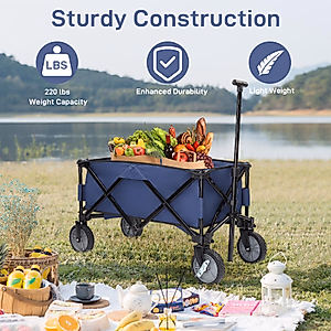 VINGLI Portable Collapsible Utility Wagon,Sturdy Outdoor Folding Garden Sports Shopping Cart, Wagon Wheel Cart, Steel Frame for Beach Park Camping Patio Compact Wheels, Blue