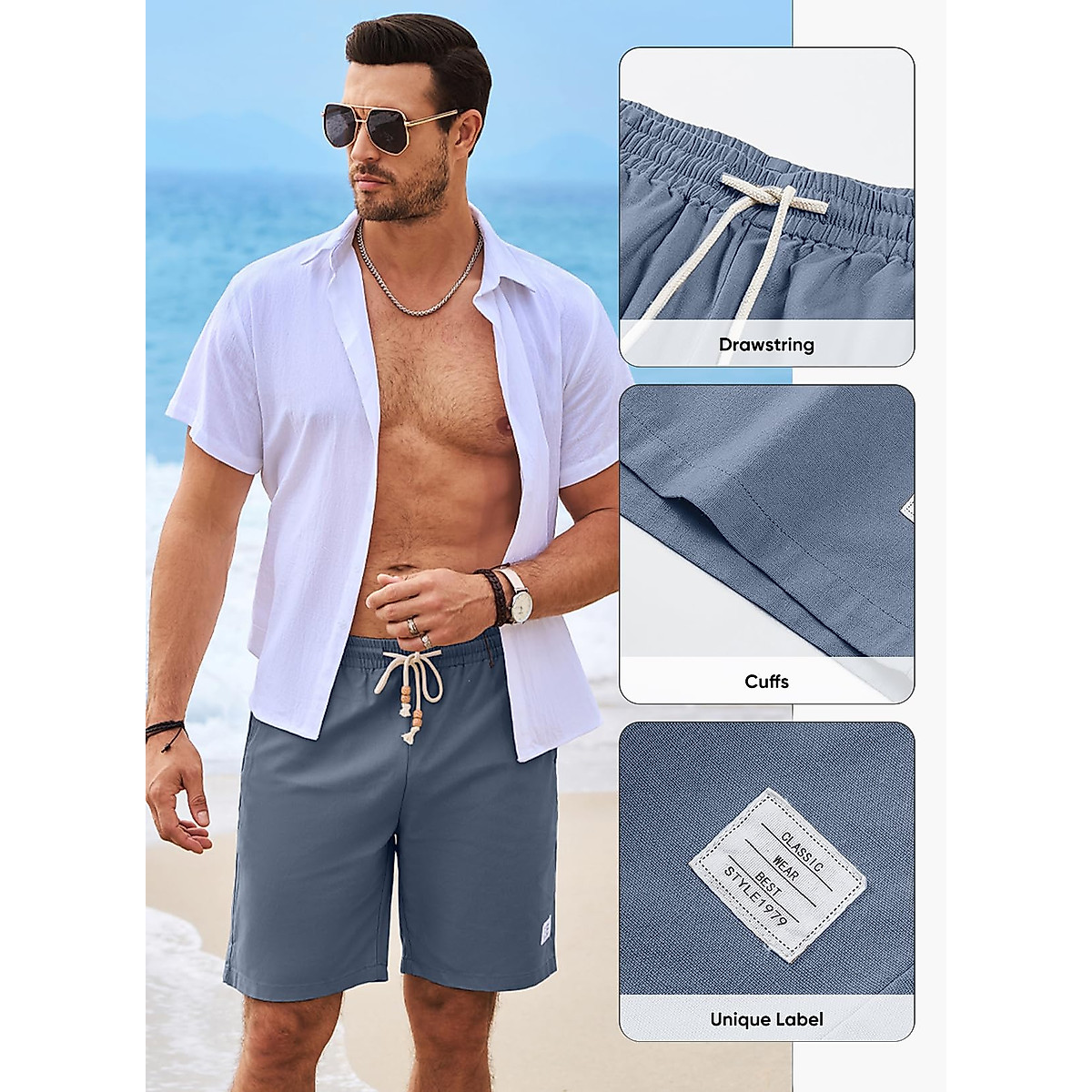 JMIERR Men Shorts Linen Cotton Casual Classic Fit Flat Front Elastic Waist Drawstring Lightweight Summer Beach Shorts for Men US 34 (Medium) Blue