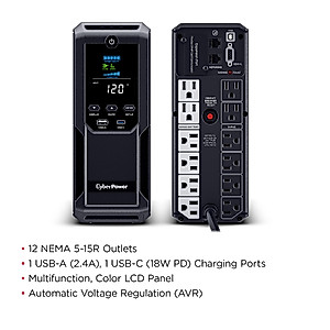 CyberPower BRG1500AVRLCD2 Intelligent LCD UPS System, 1500VA/900W, 12 Outlets 2 USB Ports, AVR, Mini-Tower, 5-Year Warranty