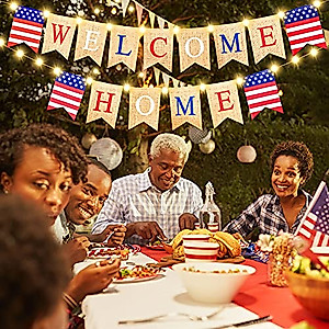 Welcome Home Banner Decoration with LED Fairy String Light 2 Flicker Mode, Patriotic Banner Bunting Welcome Home Sign for Housewarming Military Decoration Family Party 4th of July Supplies