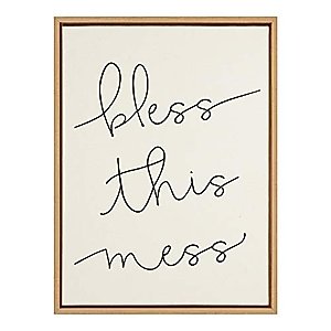Kate and Laurel Sylvie Bless This Mess Framed Linen Textured Canvas Wall Art by Maggie Price of Hunt and Gather Goods, 18x24 Natural, Humorous Motivational Art for Wall