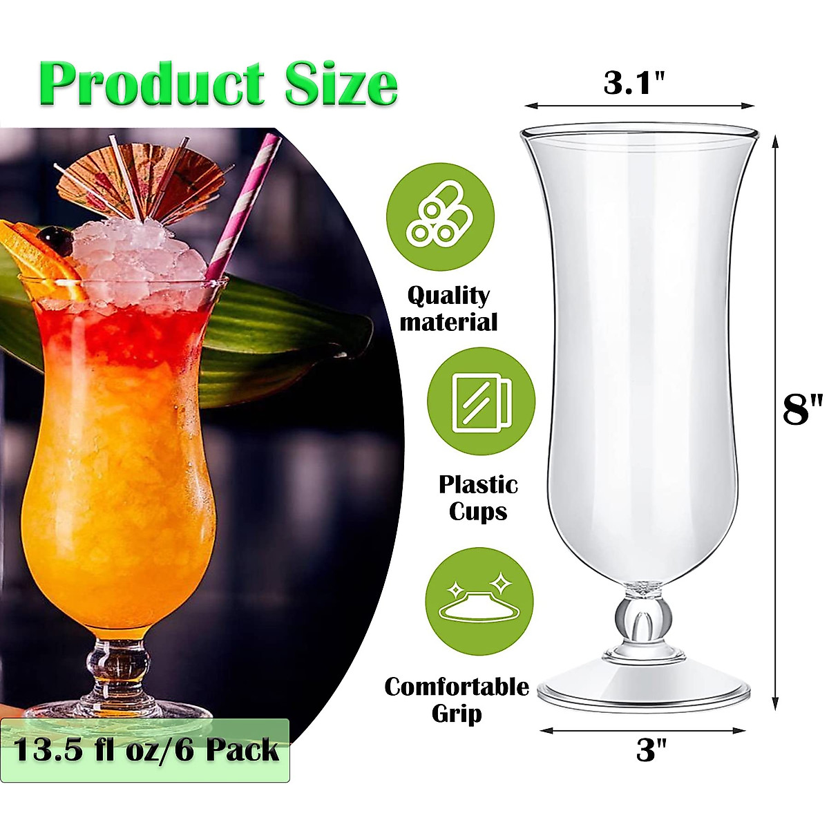Cheardia 6 Pack Plastic Hurricane Glass, 13.5 oz Pina Colada Glasses Break-Resistant Clear Tulip Drinking Cups for Juices, Cocktails, Full-Bodied Beer, Tropical Drinks, Water, Beverages