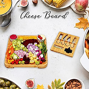 NUBO Cheese Servers - Bamboo Cheese Board and Knife Set with Electric Wine Opener - Charcuterie Board Set, 13 x 13 x 2 Inch Meat, Wine and Cheese Platter - Transforming Cheese Board with Cutlery