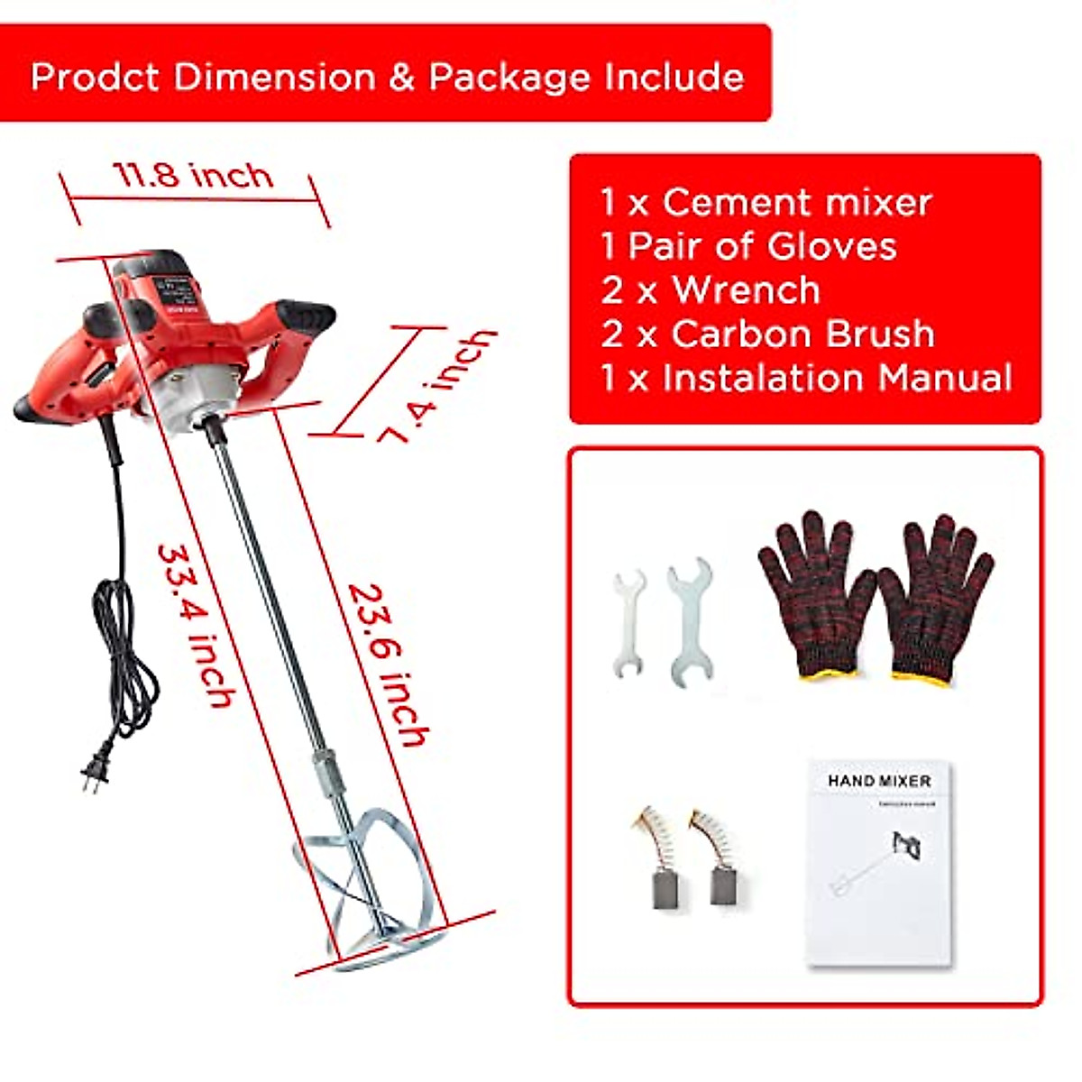 Goyappin 2300W Cement Mixer, Handheld Concrete Mixer for Drill,with 6 Adjustable Speed, Portable Electric Cement Mixer for Mixing Mud,Mortar, Plaster,Cement, Paint, Fodder