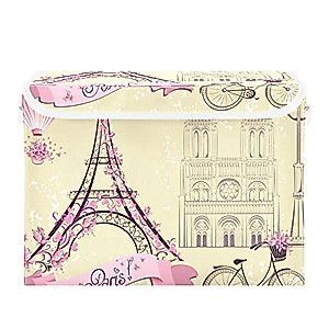 WELLDAY Pink Romantic Paris Storage Baskets Foldable Cube Storage Bin with Lids and Handle, 16.5x12.6x11.8 In Storage Boxes for Toys, Shelves, Closet, Bedroom, Nursery