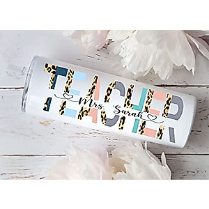 AVITO 20 oz Personalized Teacher Leopard Tumbler - Gift for Teacher - Teacher Appreciation Gift - Stainless Steel - Vacuum Insulated - Teacher Tumbler with Name - Skinny Tumbler with Straw