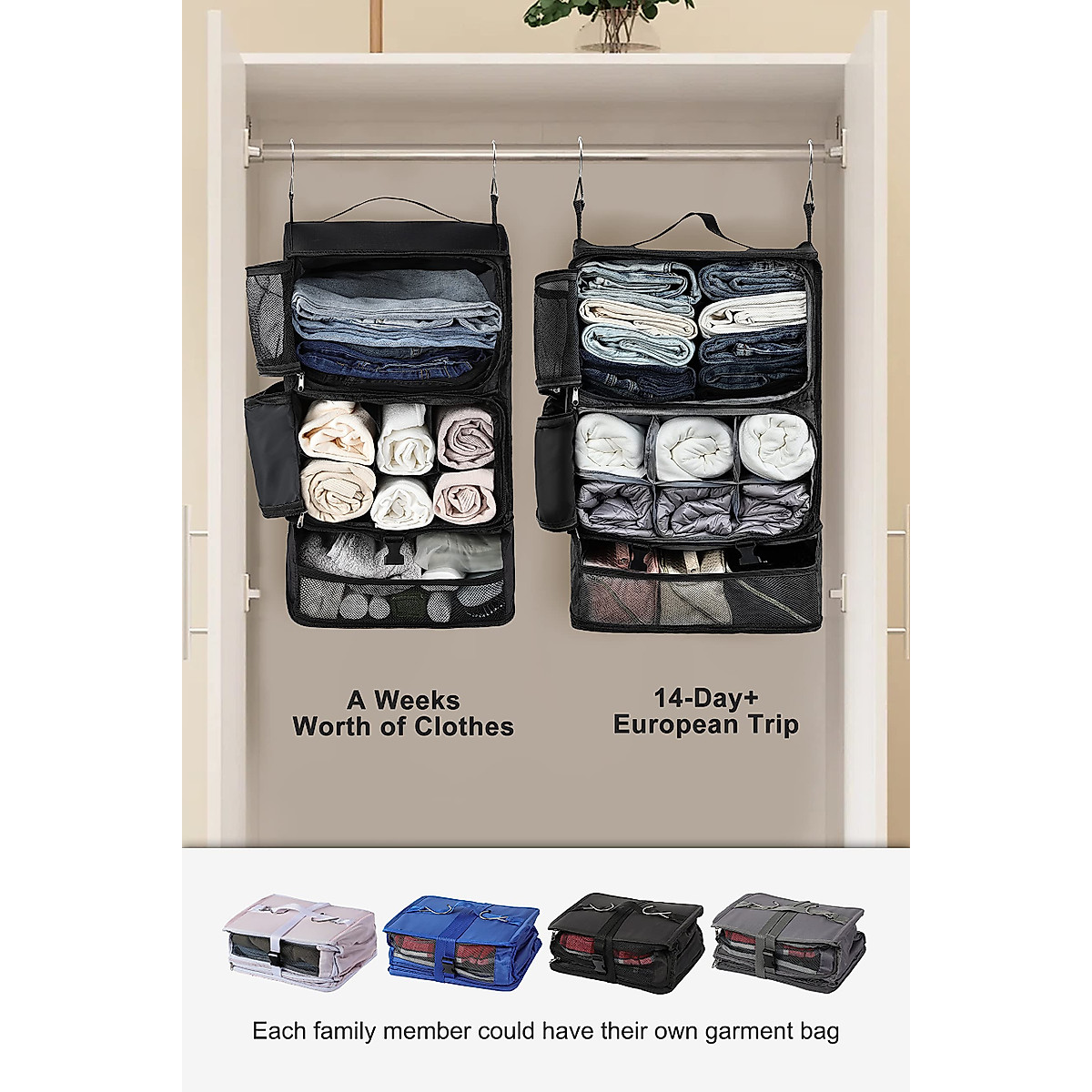 ELEZAY Hanging Packing Cubes Portable Closet 3-Shelf Travel Collapsible Compression Garment Organizer for Carry-on Luggage Suitcase Space Saver Bag X-Large_No Side Pockets, Black