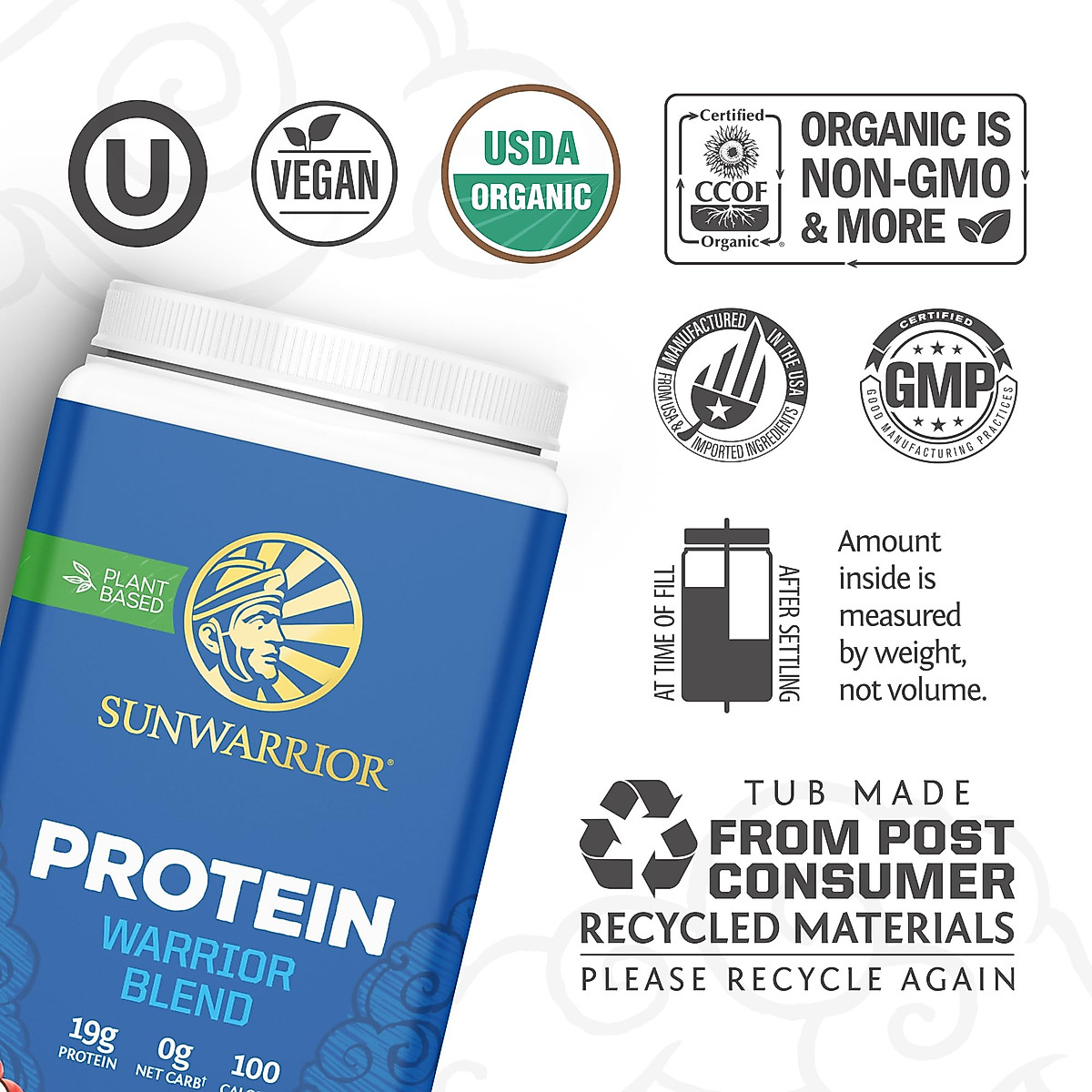 Vegan Organic Protein Powder Plant-based | BCAA Amino Acids Hemp Seed Soy Free Dairy Free Gluten Free Synthetic Free NON-GMO | Unflavored 30 Servings | Warrior Blend by Sunwarrior