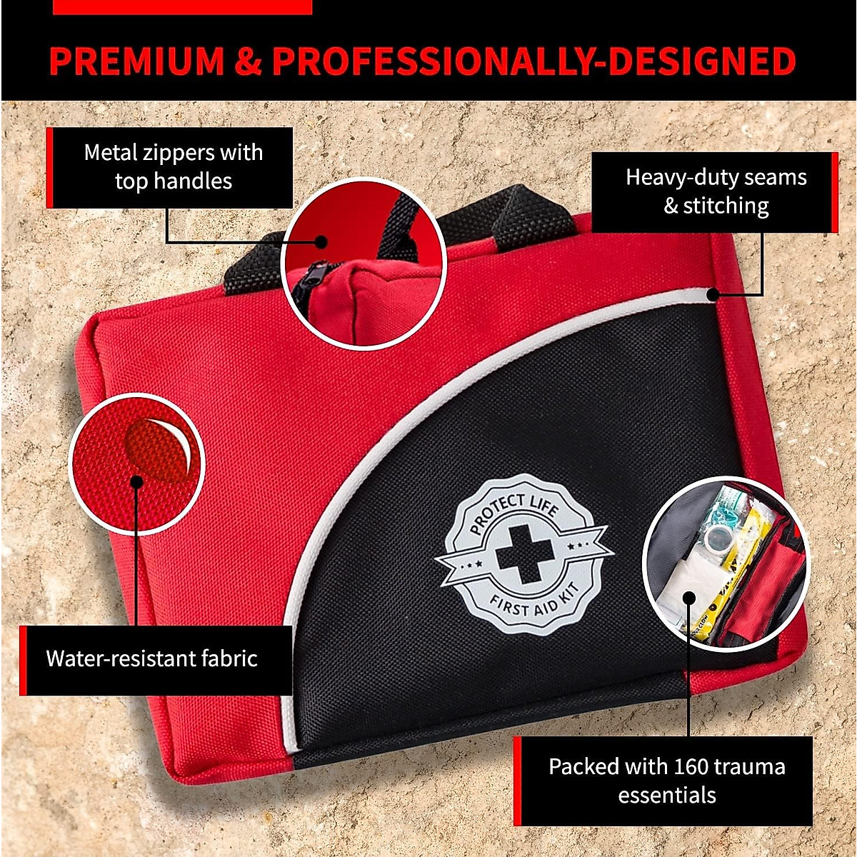 Protect Life First Aid Kit for Home/Business, HSA/FSA Eligible Emergency Kit Travel First Aid Kit Mini | Camping First Aid Kit Hiking | Small First Aid Kit for Car | Survival Medical Kit - 160pcs