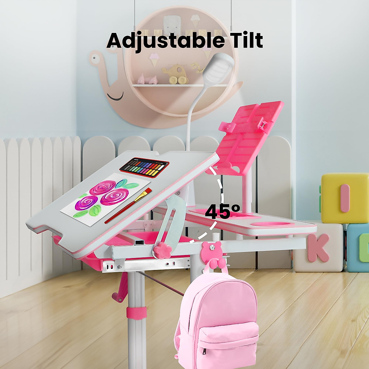 Gorilla Gadgets Kids Table and Chair Set for Ages 4-12, Height Adjustable Children's Study Station, Student School Table with Light, Pencil Case, and Bookstand (DSK-Kids)