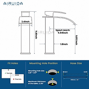 Airuida Vessel Sink Faucet, Matte Black Waterfall Spout Bathroom Faucet, Tall Single Handle One Hole Bowl Mixer Tap, Waterfall Spout Lavatory Vanity with Pop Up Drain