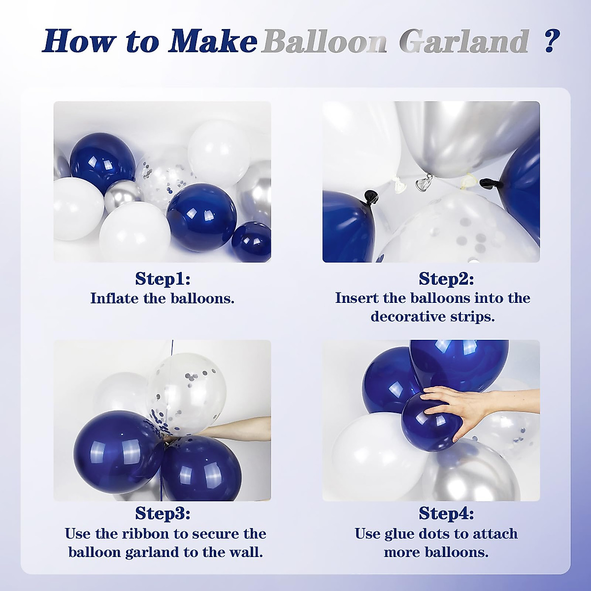 Blue and Silver Balloon Garland Arch Kit, Blue and White Balloons with confetti balloons for Graduation Baby Shower Prom Wedding Birthday Party Decorations