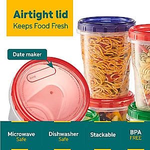 ELEGANT DISPOSABLES Twist Top Food Storage Containers 32 oz 12 Pack Plastic Freezer Storage Containers Leakproof Reusable with Screw on Colored Lids 3 Colors