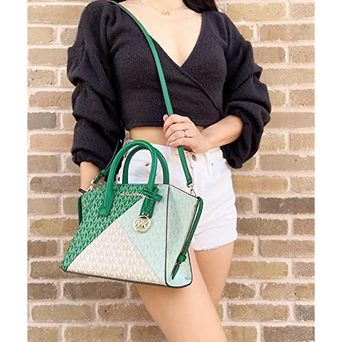 Michael Kors Avril Small Top Zip Satchel Crossbody MK Signature Colorblock (Palmetto Green)