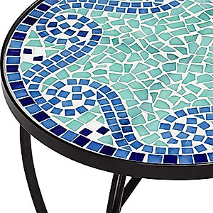 Teal Island Designs Ocean Wave Modern Industrial Black Iron Metal Round Outdoor Accent Side Table 14" Wide Light Green Mosaic Tile Tabletop Gracefully Curved Legs for Porch Patio House Balcony Deck