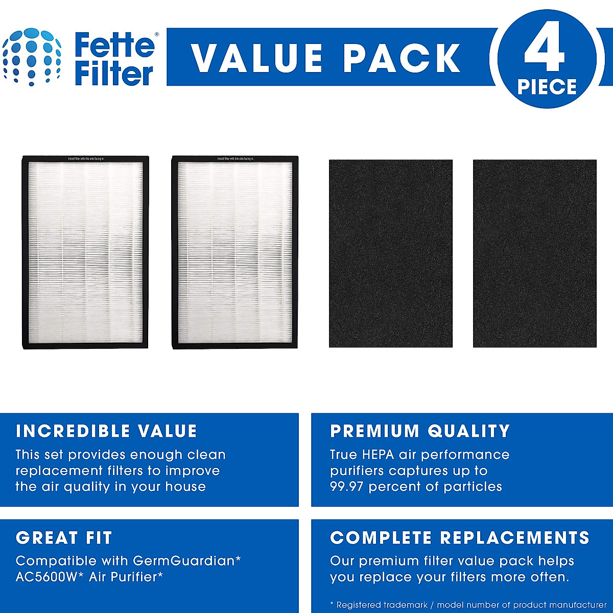 Fette Filter - True HEPA Air Purifier Filter Compatible with Germ Guardian FLT5600 Filter N for Model AC5600W. Compare to Part # FLT5600. (Pack of 2)