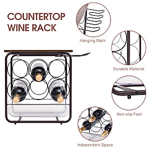 TOOLF 6 Bottle Wine Rack for Countertop, Metal Freestanding Wine Storage Holder with Cork Drawer, Wooden Tabletop Wine Bottle Holder with 2 Glasses Holder for Bar, Wine Cellar & Home Decor