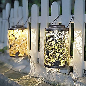 Solar Lanterns Outdoor Hanging - Garden Solar Lights Metal Outdoor Lantern 2 Pack Decorative Garden Table Lights Solar Powered SUNWIND 2 Pack for Porch, Patio, Home (Flower)