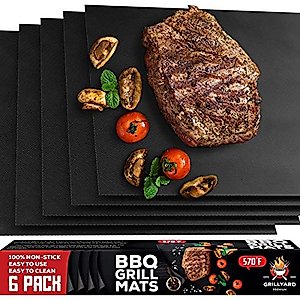 GRILLYARD Grill Mat Set of 6 – Non-Stick, Reusable BBQ Grill Mats for Gas, Charcoal, Electric Grill – Temperature Resistant – Heavy Duty Design – Easy to Clean (Black)