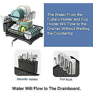 Xdsirone Dish Drying Rack, Dish Rack for Kitchen Counter, 2-Tier Dish Drainer with Glass Holder and Utensil Holder, Stainless Steel Dish Drying Rack with Drainboard. (Black)