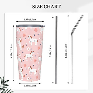 20 Oz Tumbler with Lid and Straw, Cartoon Cute Horse Flower Pink Insulated Tumbler Stainless Steel Cups, Personalized Coffee Tumbler Travel Mug Water Bottle