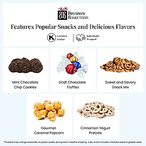 Broadway Basketeers Gourmet Chocolate Food Gift Basket Tower for Birthdays – Curated Snack Box, Sweet and Savory Treats for Parties, Best Wishes, Birthday Presents for Women, Men, Mom, Dad, Her, Him, Families