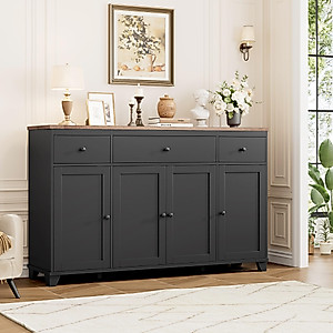 HIFIT 55" Large Kitchen Buffet Cabinet with Storage Drawers, Farmhouse Sideboard Buffet Table Storage Cabinet with Doors and Shelves, Wood Coffee Bar Cabinet for Kitchen Dining Living Room, Black