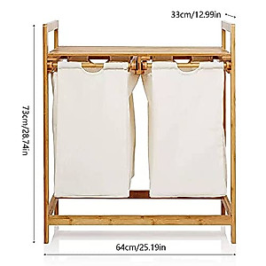 Bamboo Laundry Hamper with Shelf, Dual Compartments Laundry Organizer and Storage, Bamboo Laundry Sorter with Sliding Handles Utility Laundry Storage Organizer for Bathroom Bedroom