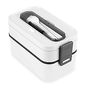 NatraProw Bento Lunch Box for Adults, 2 Layers Stackable Lunch Container, 1600ml Large bento Box for Adults, Built-in Utensils, Microwave Safe Bento Boxes, Leakproof, BPA Free, White
