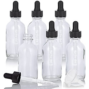JUVITUS 2 oz / 60 ml Clear Glass Boston Round Graduated Measurement Glass Dropper Bottle (6 Pack) + Funnel