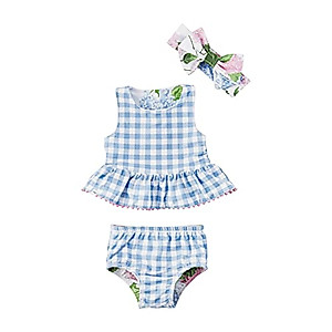 Mud Pie Girls Reversible Swimsuit & Headband Set, Hydrangea/Gingham, 2T
